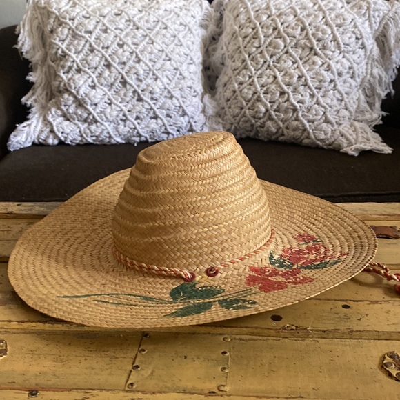 Vintage | Accessories | Vintage Woven Straw Hat Hand Painted Flowers ...